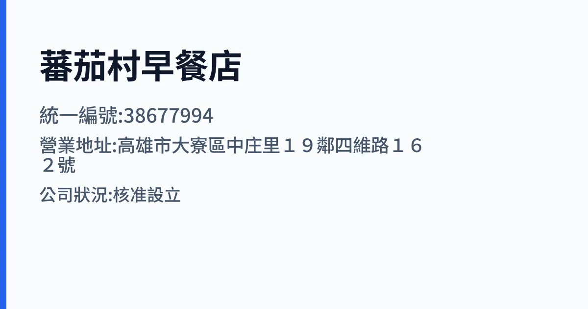 蕃茄村早餐店 - 統編 38677994(高雄市) 公司登記資料與營業項目詳細圖表
