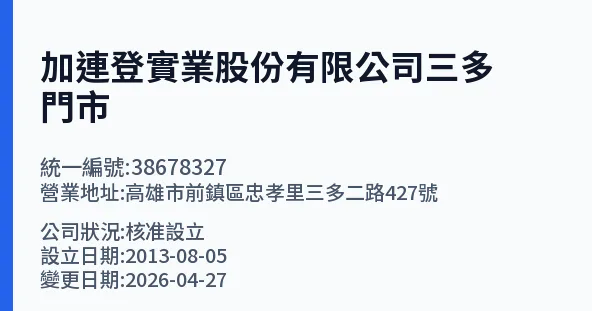 加連登實業股份有限公司三多門市的照片-統編 38678327(高雄市) 公司登記資料與營業項目詳細圖表
