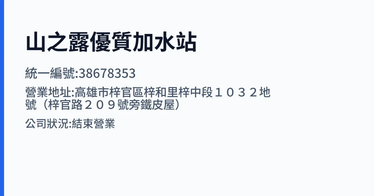 山之露優質加水站 - 統編 38678353(高雄市) 公司登記資料與營業項目詳細圖表