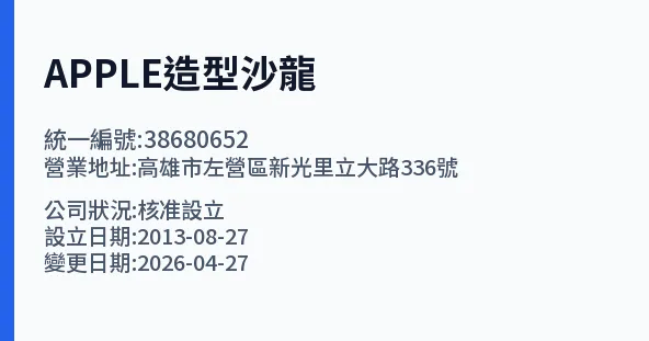 APPLE造型沙龍的照片-統編 38680652(高雄市) 公司登記資料與營業項目詳細圖表