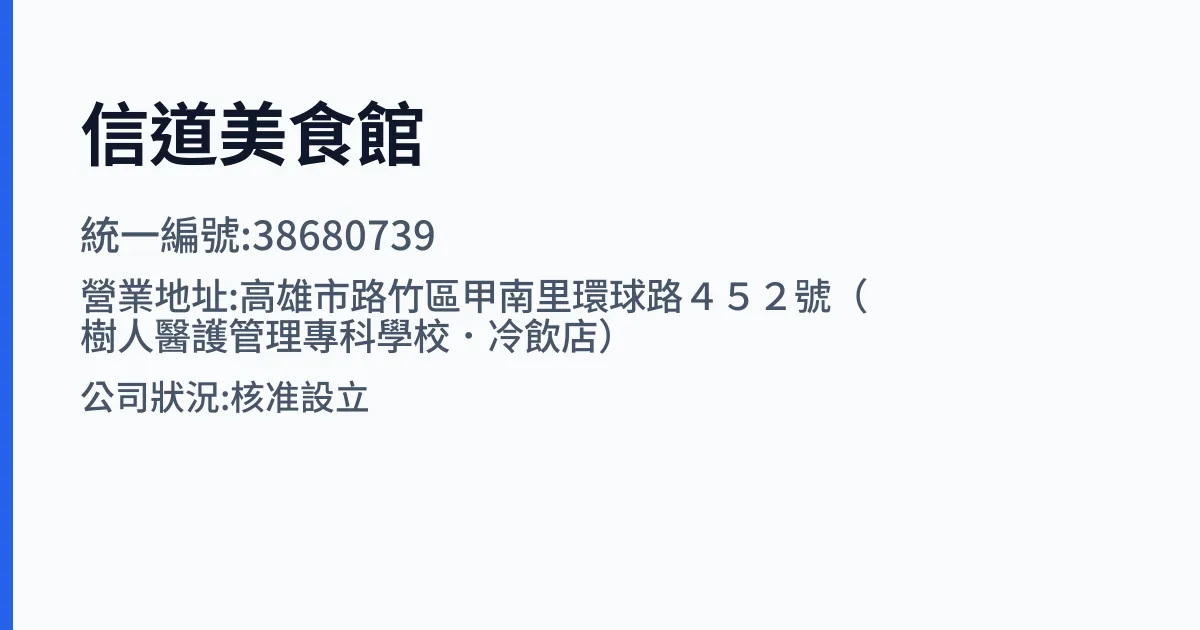 信道美食館 - 統編 38680739(高雄市) 公司登記資料與營業項目詳細圖表