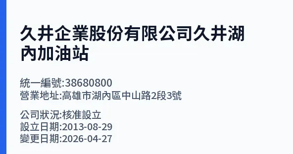 久井企業股份有限公司久井湖內加油站的照片-統編 38680800(高雄市) 公司登記資料與營業項目詳細圖表