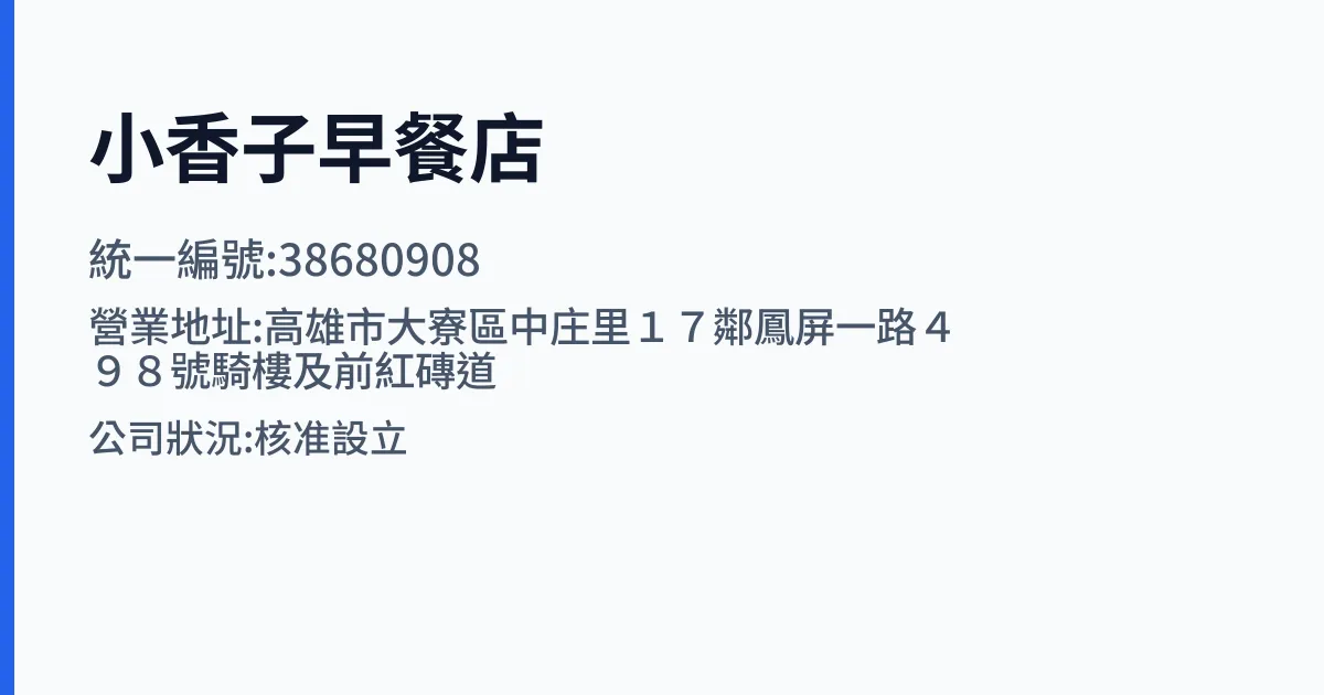 小香子早餐店 - 統編 38680908(高雄市) 公司登記資料與營業項目詳細圖表