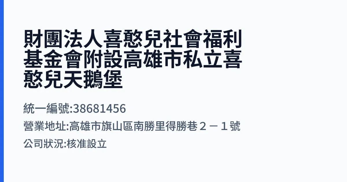 財團法人喜憨兒社會福利基金會附設高雄市私立喜憨兒天鵝堡 - 統編 38681456(高雄市) 公司登記資料與營業項目詳細圖表