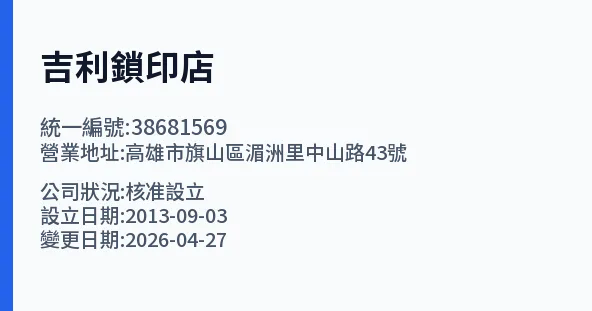 吉利鎖印店的照片-統編 38681569(高雄市) 公司登記資料與營業項目詳細圖表