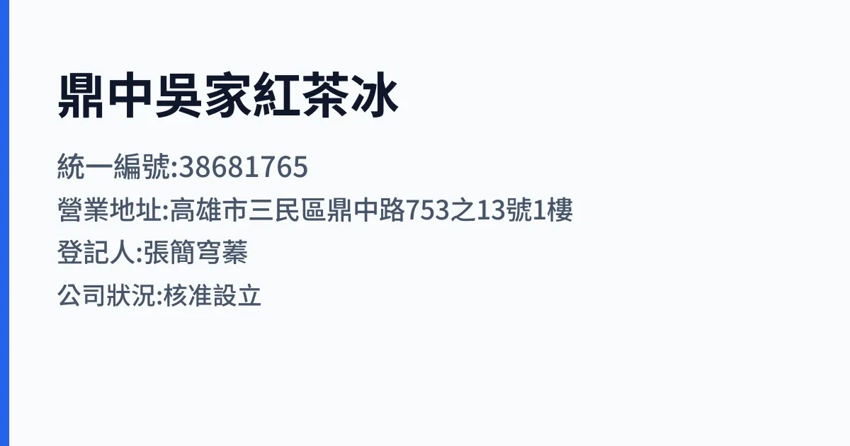 鼎中吳家紅茶冰 - 統編 38681765(高雄市) 公司登記資料與營業項目詳細圖表