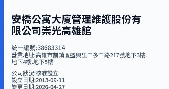 安橋公寓大廈管理維護股份有限公司崇光高雄館的照片-統編 38683314(高雄市) 公司登記資料與營業項目詳細圖表