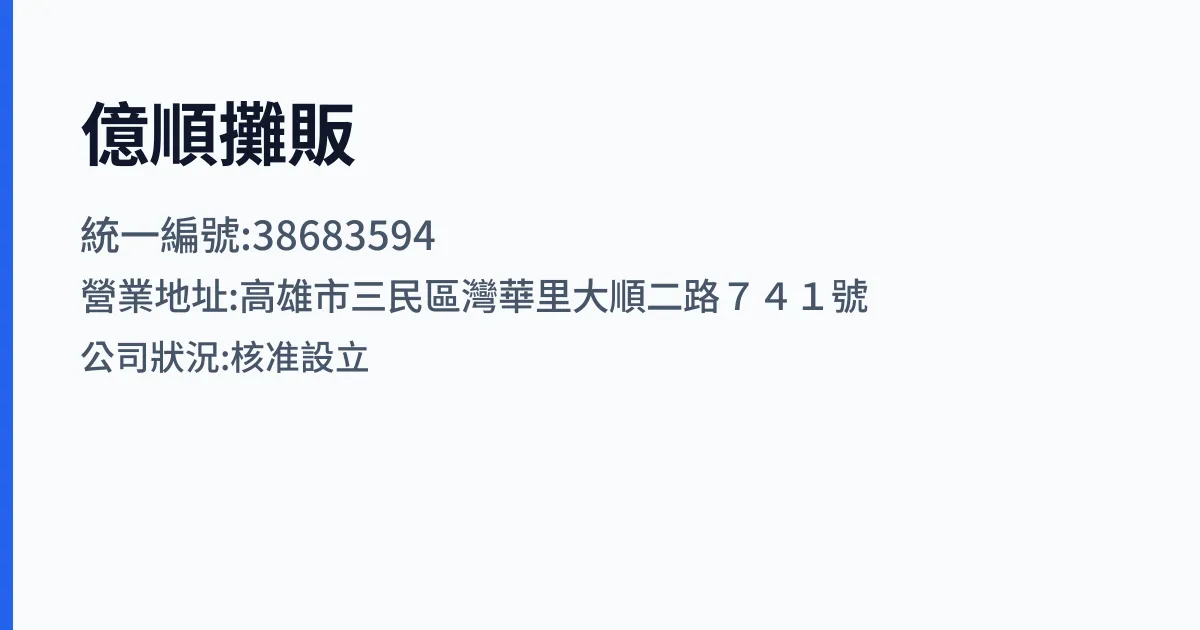 億順攤販 - 統編 38683594(高雄市) 公司登記資料與營業項目詳細圖表