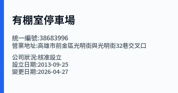 有棚室停車場的照片-統編 38683996(高雄市) 公司登記資料與營業項目詳細圖表