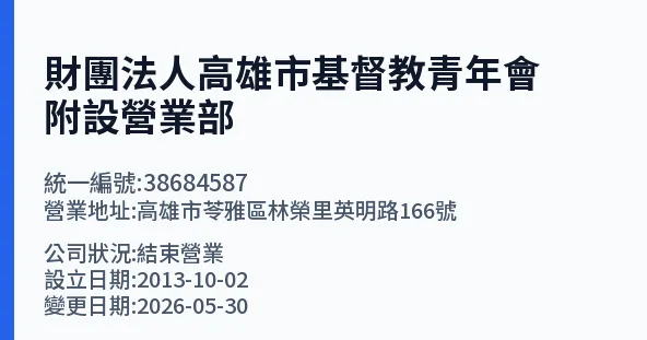 財團法人高雄市基督教青年會附設營業部的照片-統編 38684587(高雄市) 公司登記資料與營業項目詳細圖表