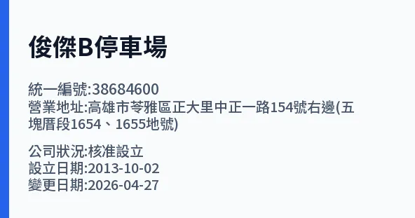 俊傑B停車場的照片-統編 38684600(高雄市) 公司登記資料與營業項目詳細圖表