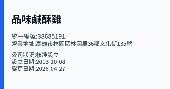 品味鹹酥雞的照片-統編 38685191(高雄市) 公司登記資料與營業項目詳細圖表