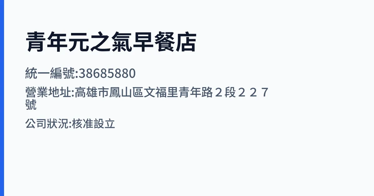 青年元之氣早餐店 - 統編 38685880（高雄市） 公司登記資料與營業項目詳細圖表