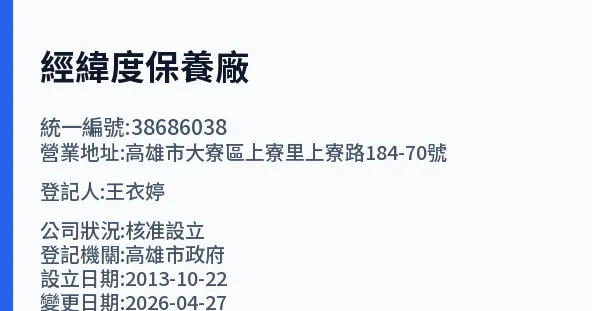 經緯度保養廠的照片-統編 38686038(高雄市) 公司登記資料與營業項目詳細圖表