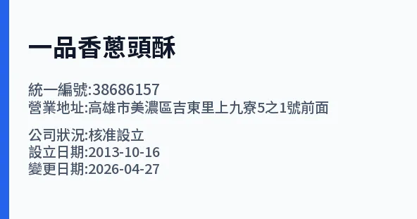 一品香蔥頭酥的照片-統編 38686157(高雄市) 公司登記資料與營業項目詳細圖表