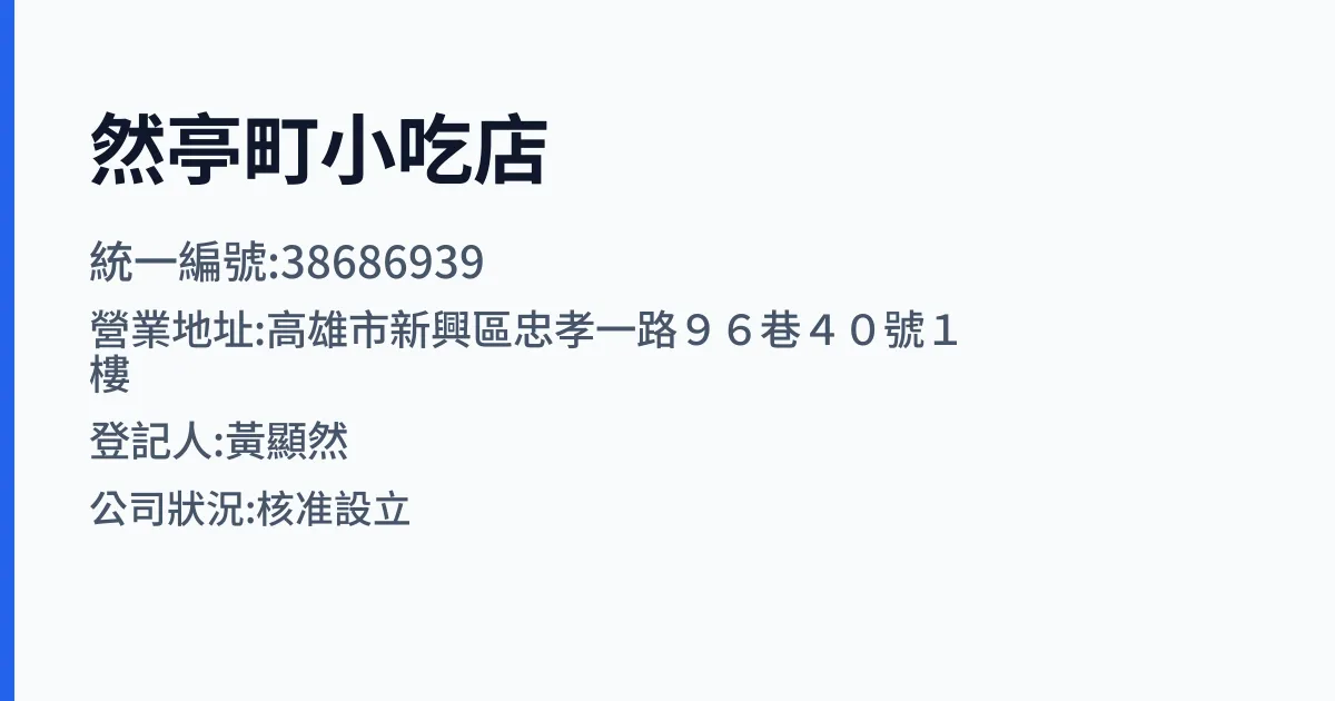 然亭町小吃店 - 統編 38686939(高雄市) 公司登記資料與營業項目詳細圖表