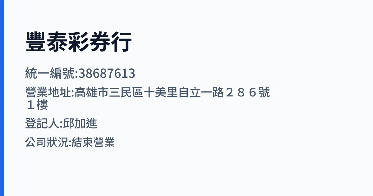 豐泰彩券行 - 統編 38687613(高雄市) 公司登記資料與營業項目詳細圖表