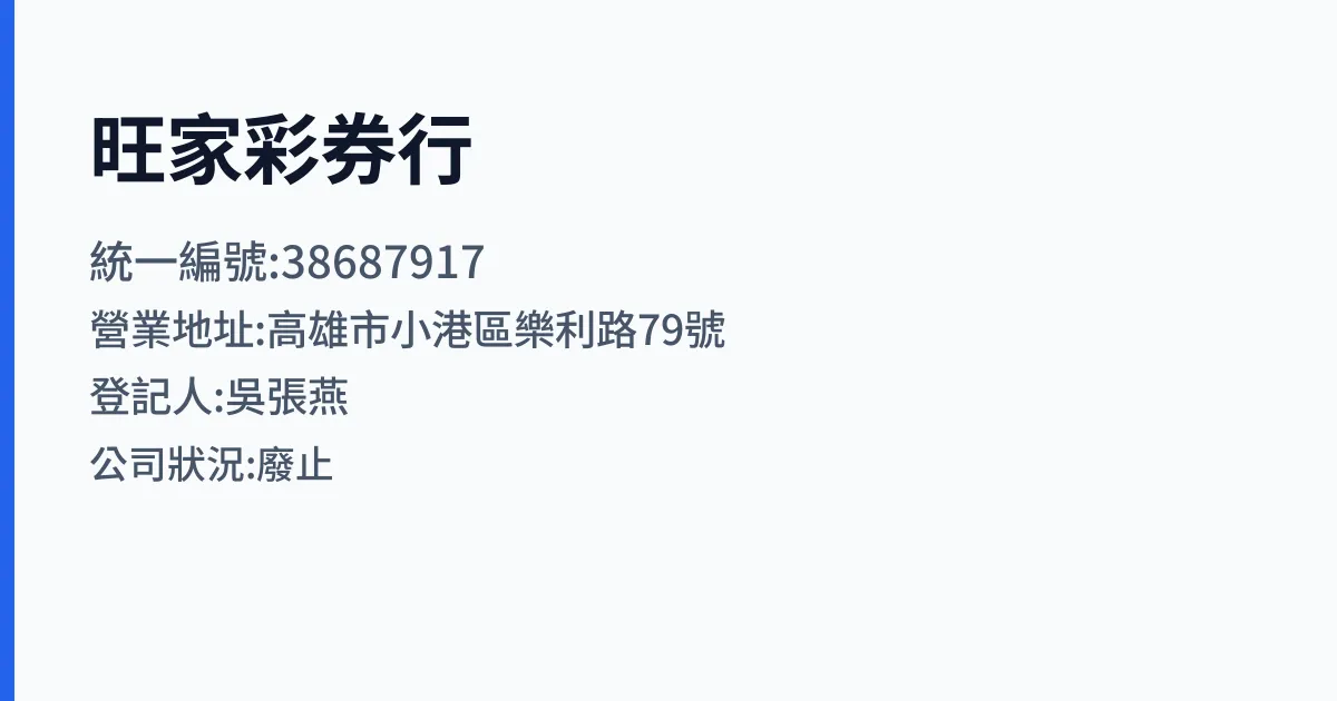 旺家彩券行 - 統編 38687917(高雄市) 公司登記資料與營業項目詳細圖表