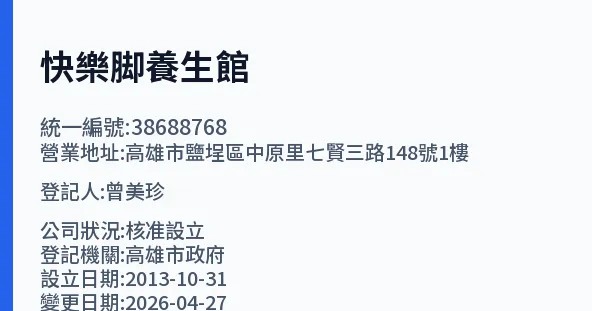 快樂脚養生館的照片-統編 38688768(高雄市) 公司登記資料與營業項目詳細圖表