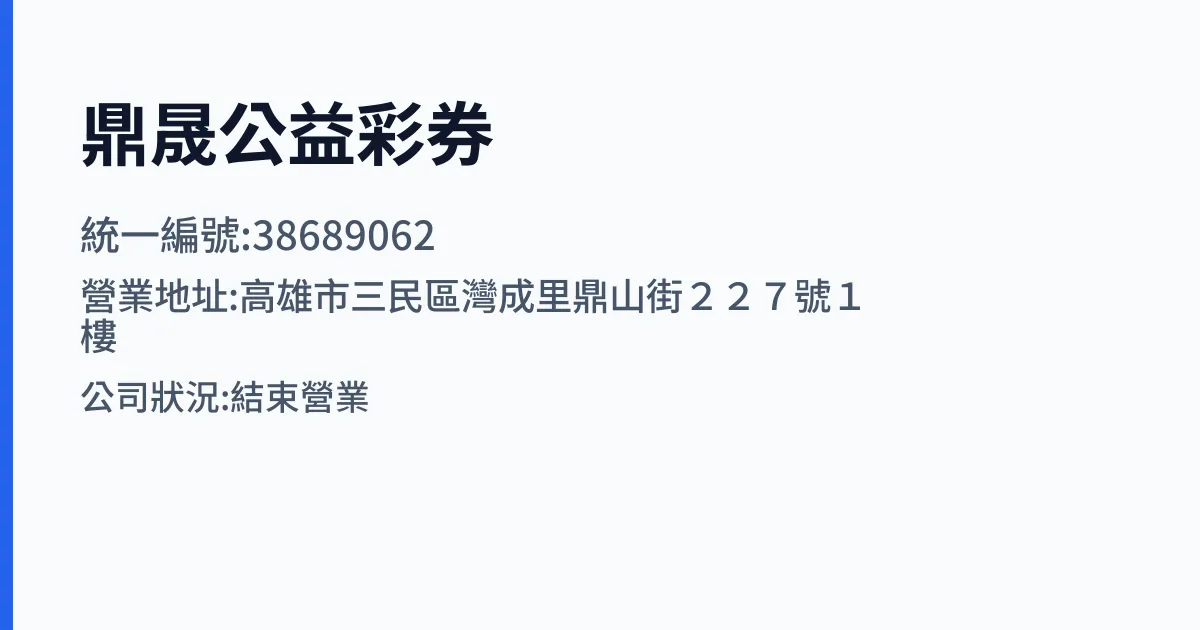 鼎晟公益彩券 - 統編 38689062(高雄市) 公司登記資料與營業項目詳細圖表