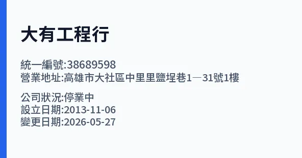 大有工程行的照片-統編 38689598(高雄市) 公司登記資料與營業項目詳細圖表