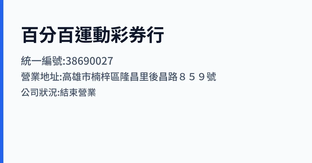 百分百運動彩券行 - 統編 38690027(高雄市) 公司登記資料與營業項目詳細圖表