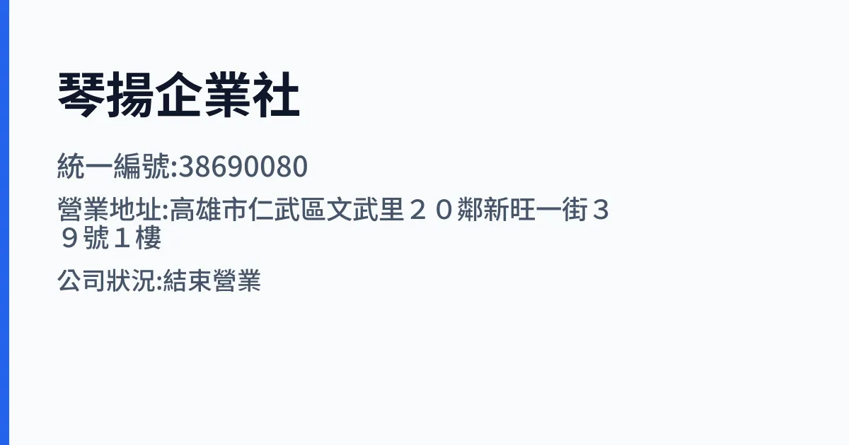 琴揚企業社 - 統編 38690080(高雄市) 公司登記資料與營業項目詳細圖表