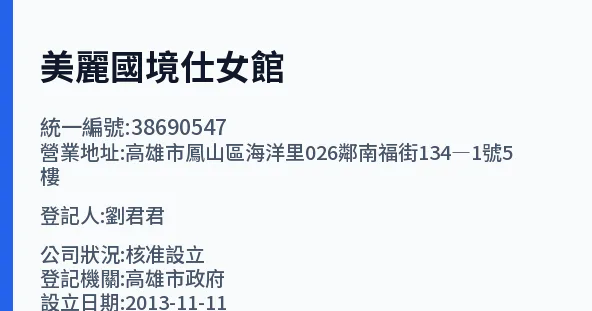美麗國境仕女館的照片-統編 38690547(高雄市) 公司登記資料與營業項目詳細圖表