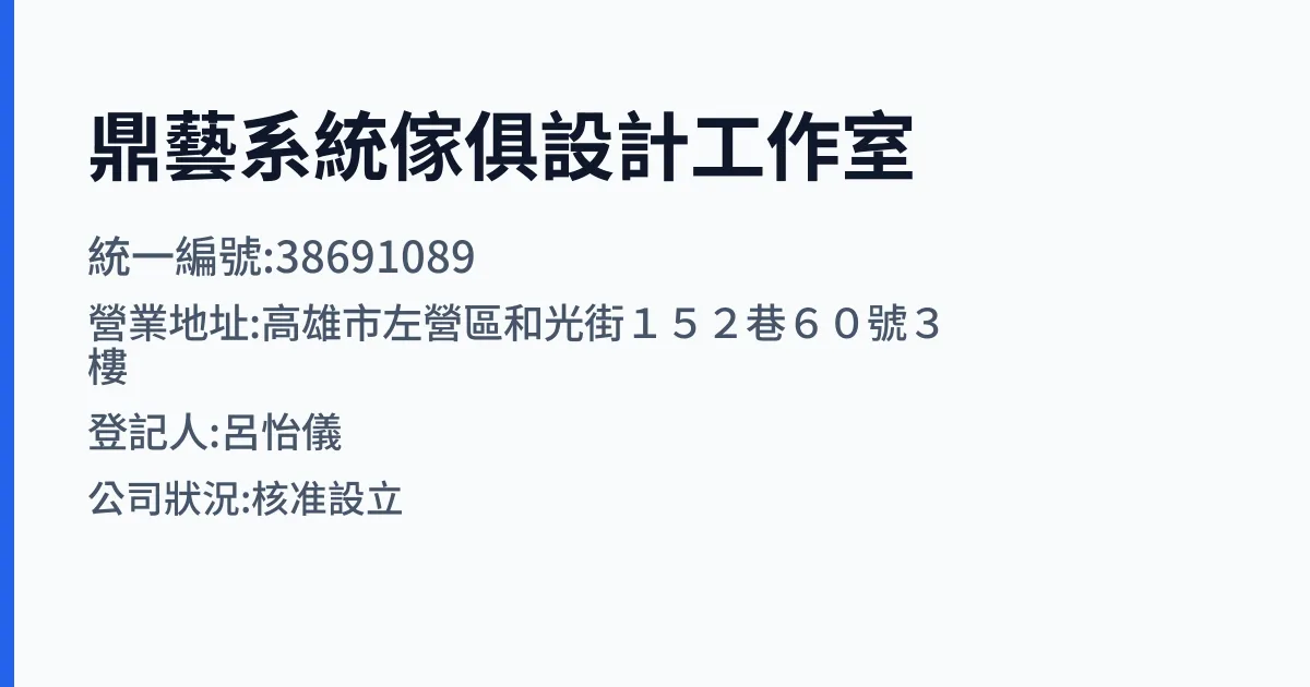 鼎藝系統傢俱設計工作室 - 統編 38691089(高雄市) 公司登記資料與營業項目詳細圖表