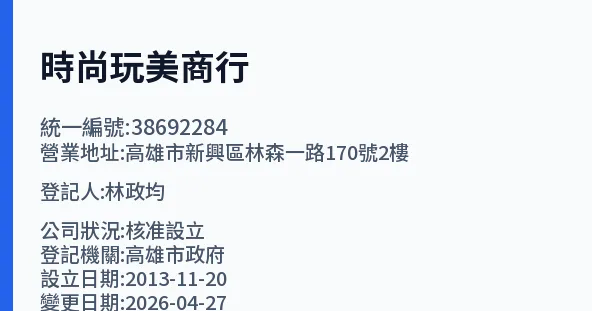 時尚玩美商行的照片-統編 38692284(高雄市) 公司登記資料與營業項目詳細圖表