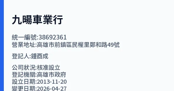 九暘車業行的照片-統編 38692361(高雄市) 公司登記資料與營業項目詳細圖表