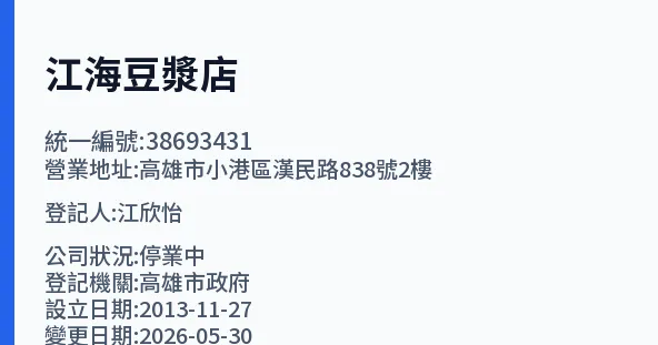 江海豆漿店的照片-統編 38693431(高雄市) 公司登記資料與營業項目詳細圖表
