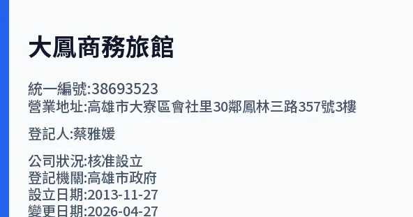 大鳳商務旅館的照片-統編 38693523(高雄市) 公司登記資料與營業項目詳細圖表