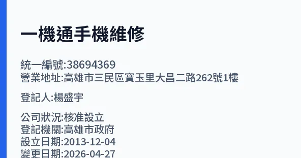 一機通手機維修的照片-統編 38694369(高雄市) 公司登記資料與營業項目詳細圖表