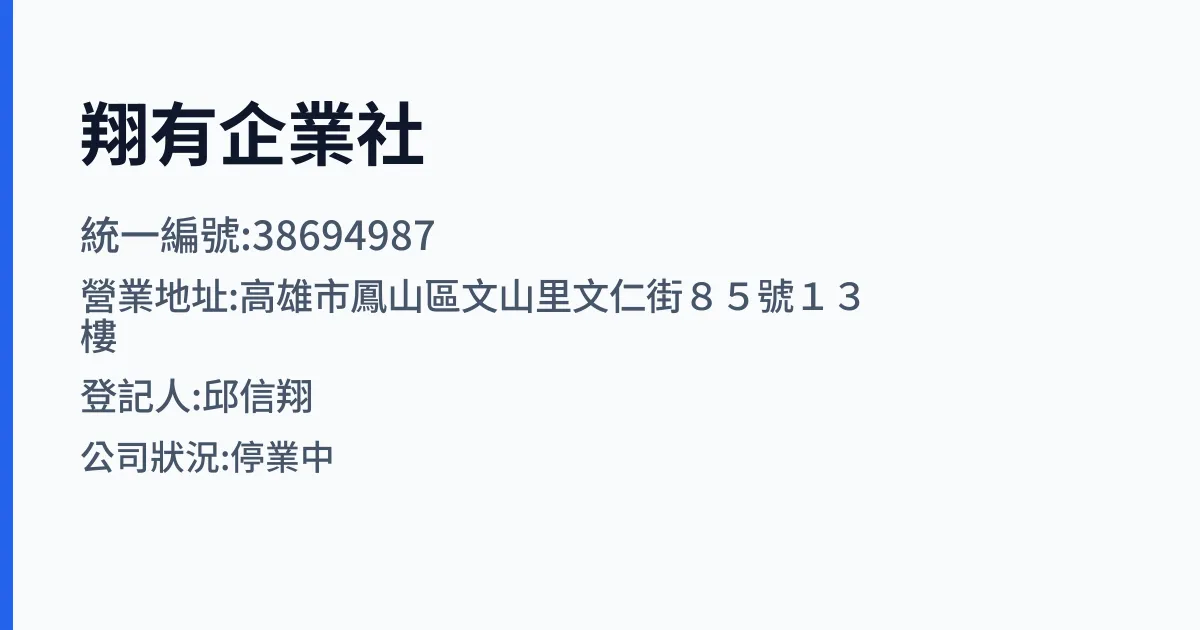 翔有企業社 - 統編 38694987(高雄市) 公司登記資料與營業項目詳細圖表