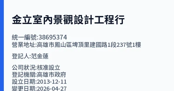 金立室內景觀設計工程行的照片-統編 38695374(高雄市) 公司登記資料與營業項目詳細圖表