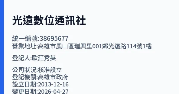 光遠數位通訊社的照片-統編 38695677(高雄市) 公司登記資料與營業項目詳細圖表