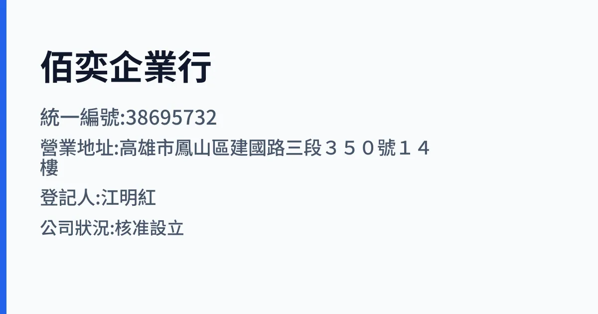 佰奕企業行 - 統編 38695732(高雄市) 公司登記資料與營業項目詳細圖表