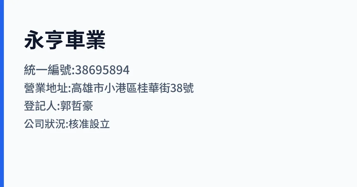 永亨車業 - 統編 38695894(高雄市) 公司登記資料與營業項目詳細圖表