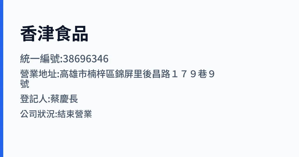 香津食品 - 統編 38696346(高雄市) 公司登記資料與營業項目詳細圖表