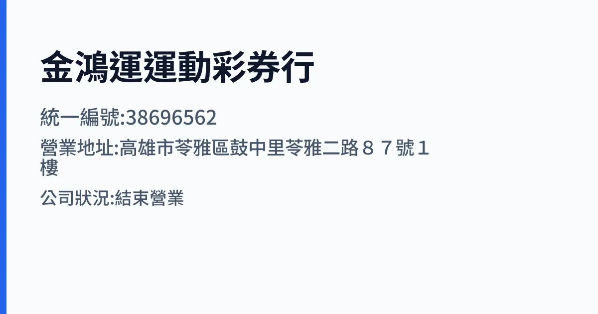 金鴻運運動彩券行 - 統編 38696562(高雄市) 公司登記資料與營業項目詳細圖表