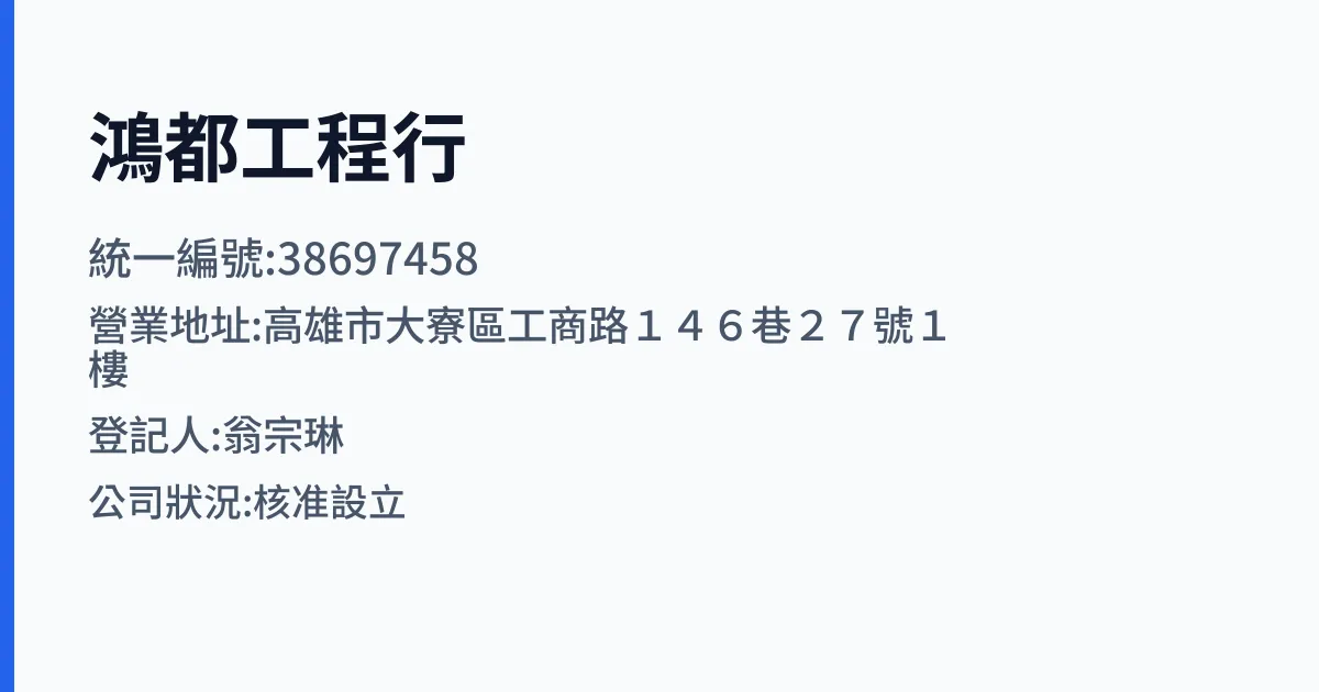 鴻都工程行 - 統編 38697458(高雄市) 公司登記資料與營業項目詳細圖表