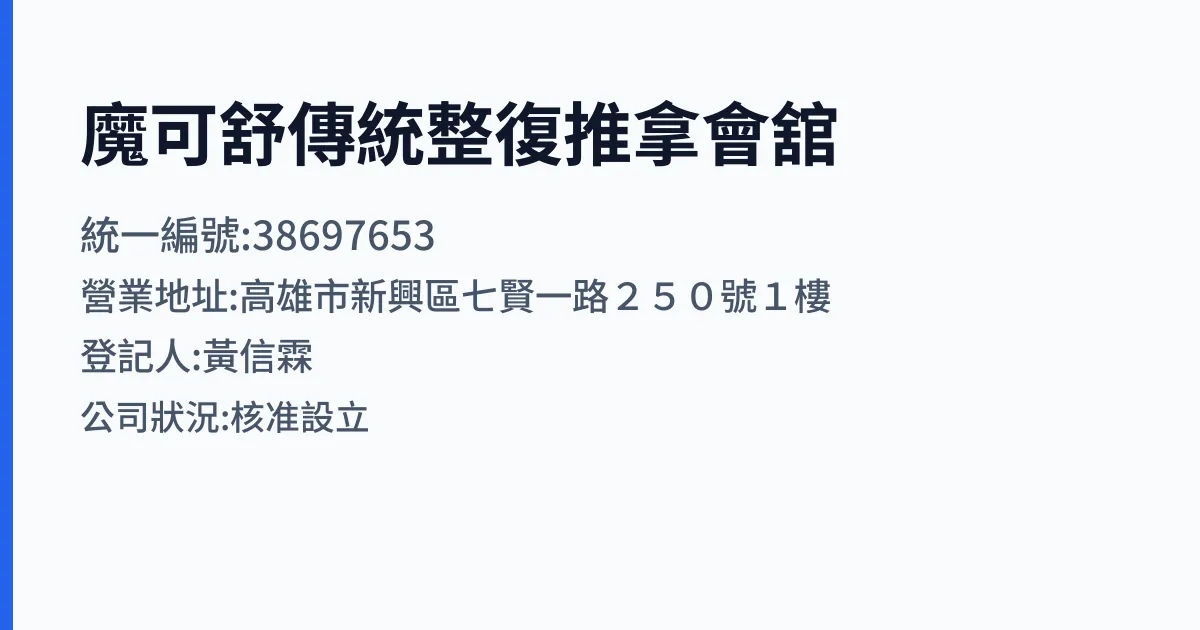 魔可舒傳統整復推拿會舘 - 統編 38697653(高雄市) 公司登記資料與營業項目詳細圖表