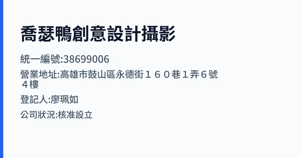 喬瑟鴨創意設計攝影 - 統編 38699006(高雄市) 公司登記資料與營業項目詳細圖表