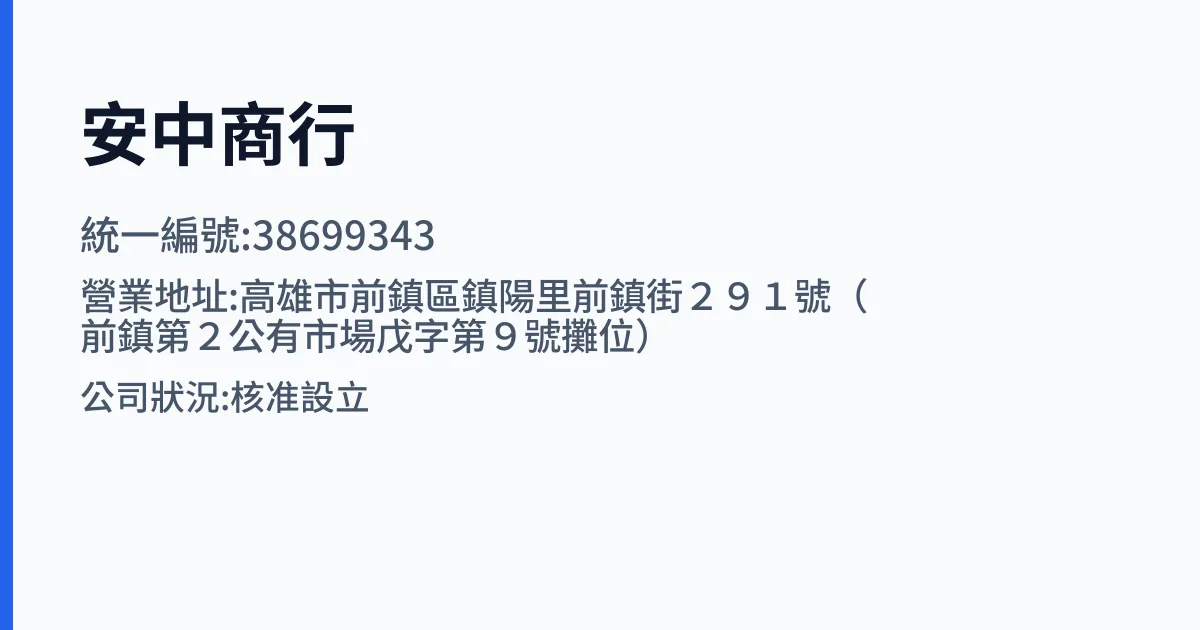 安中商行 - 統編 38699343(高雄市) 公司登記資料與營業項目詳細圖表