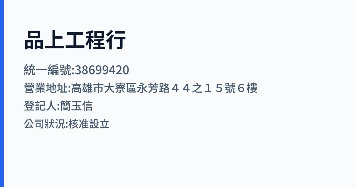 品上工程行 - 統編 38699420(高雄市) 公司登記資料與營業項目詳細圖表