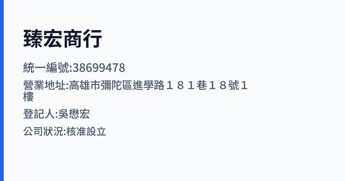 臻宏商行 - 統編 38699478(高雄市) 公司登記資料與營業項目詳細圖表