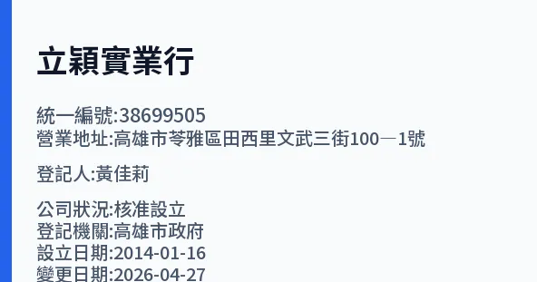 立穎實業行的照片-統編 38699505(高雄市) 公司登記資料與營業項目詳細圖表