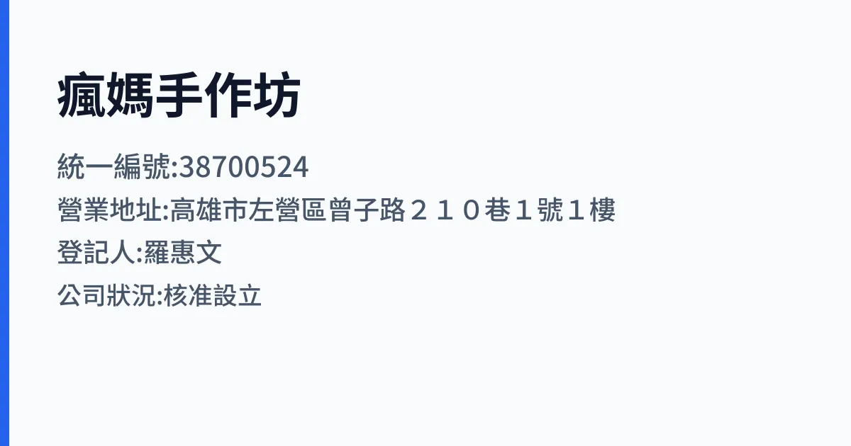瘋媽手作坊 - 統編 38700524(高雄市) 公司登記資料與營業項目詳細圖表