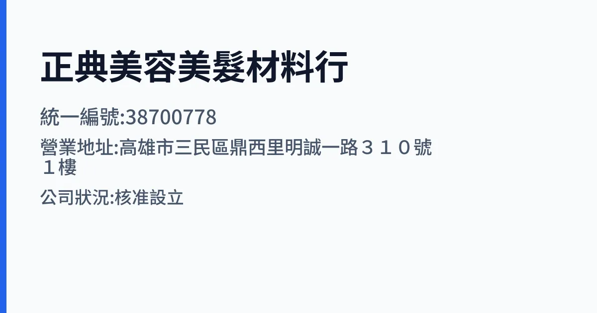 正典美容美髮材料行 - 統編 38700778(高雄市) 公司登記資料與營業項目詳細圖表